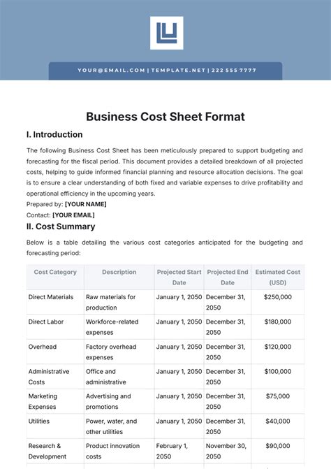 Free Cost Sheet Template To Edit Online