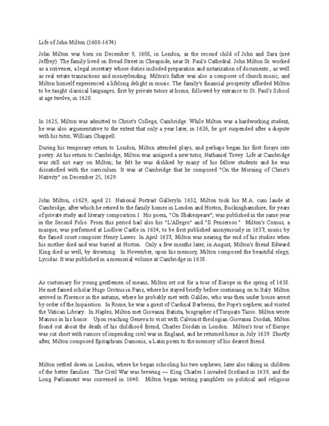 Biography Of John Milton Life Of John Milton 1608 1674 John Milton Was Born On December 9