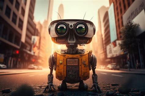 Robot Standing In Field Of Wildflowers With Glowing Yellow Eyes Generative Ai Stock