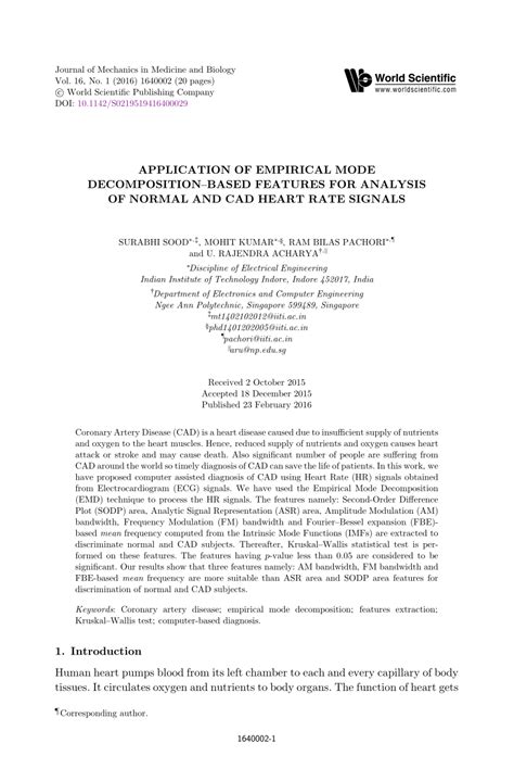 Pdf Application Of Empirical Mode Decomposition Based Features For Analysis Of Normal And Cad