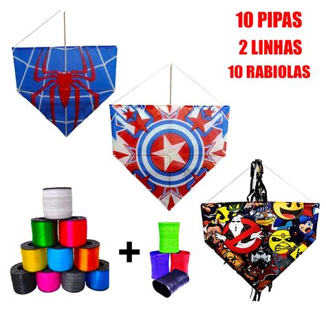 Pipa Kit 10 Pipas Com Rabiola Mais 2 Linha De Pipa E Lata Prontos Para