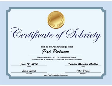 Sobriety Certificate Blue Printable Certificate