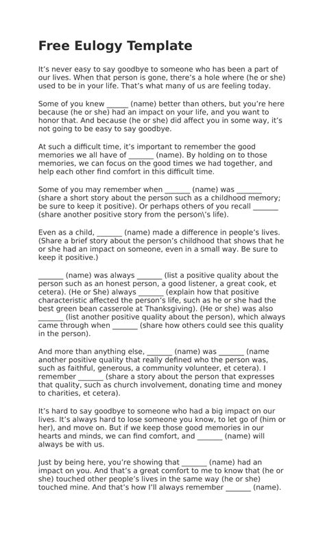 Free Printable Eulogy Templates Mother Father Friend Brother