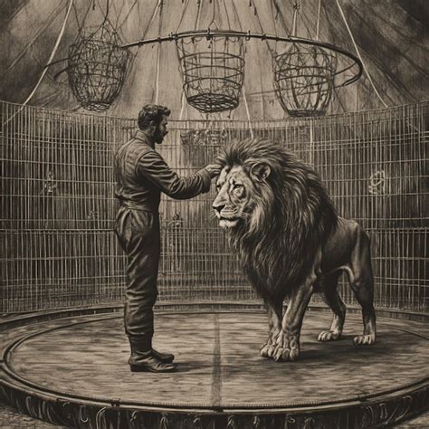 A Circus Lion Tamer Working With A Lion In A Ring Surrounded By Cages