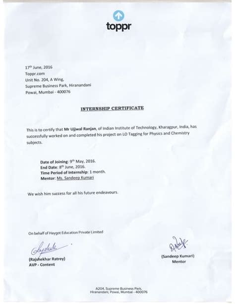 Internship Certificate Ujjwal Ranjan Pdf