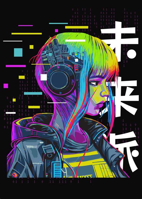 Neon Rainbow Anime Girl Poster Picture Metal Print Paint By