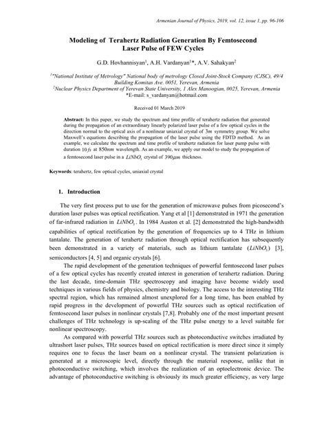 Pdf Modeling Of Terahertz Radiation Generation By Femtosecond Laser Pulse Of Few Cycles