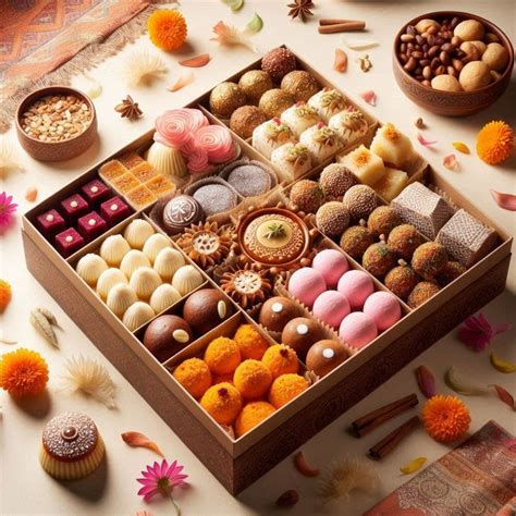 A Box Of Classic Indian Sweets Like Kaju Katli Laddoos Or Premium