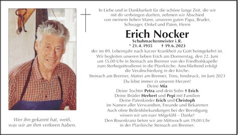 Traueranzeige Von Erich Nocker Vom 19 06 2023 Tiroler Tageszeitung