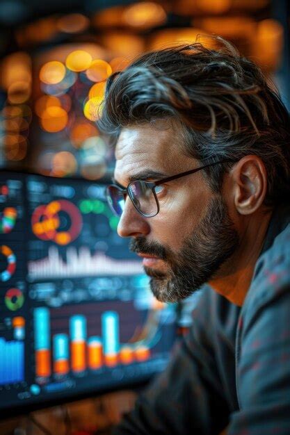 A Professional Man With Glasses Intensely Analyzing Data On Multiple