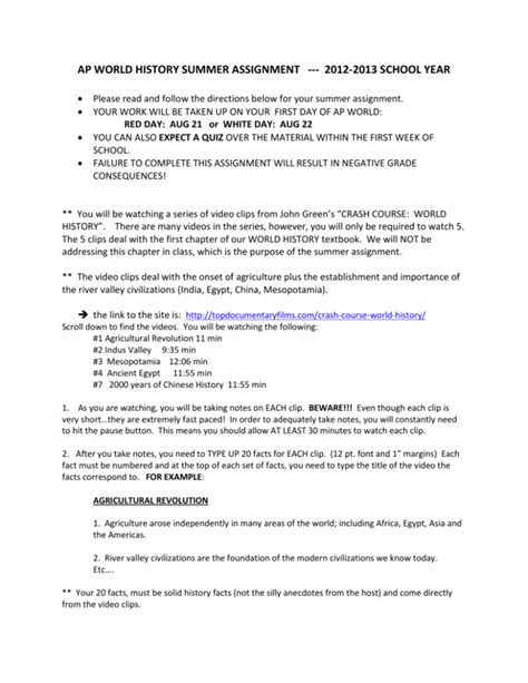 Ap World History Summer Assignment 2012