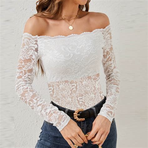 Ntacza Trendy Tops For Women White Long Sleeve Lace Solid Off The