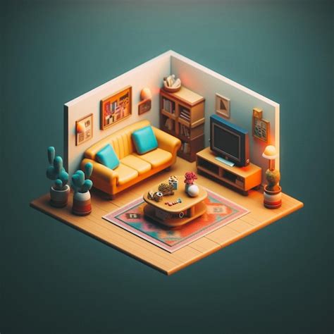 Premium Ai Image 3d Cute Isometric Living Room