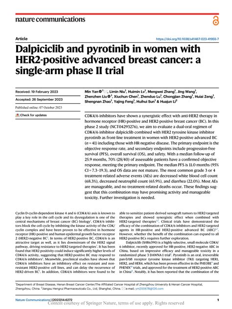 Pdf Dalpiciclib And Pyrotinib In Women With Her2 Positive Advanced