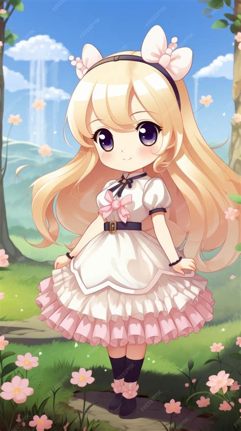 Anime Girl With Long Blonde Hair And Pink Dress Standing In Front Of