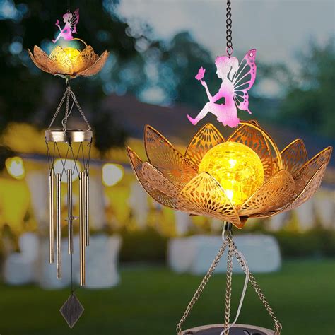 Outdoor Solar Wind Chimes Lotus Fairy Wind Chimes With Warm Led 5