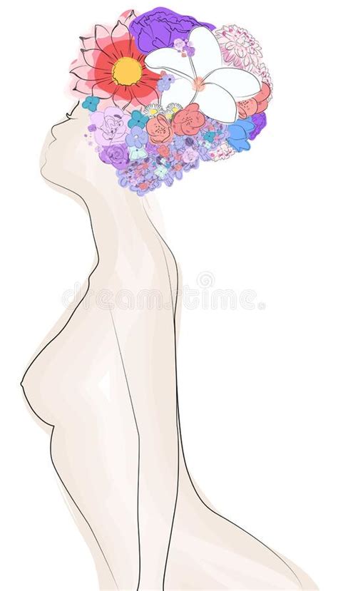 Abstract Naked Body With Flowers Ink Drawing Woman Portrait Minimalist
