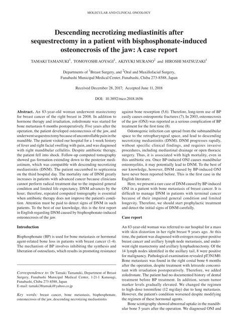 Pdf Descending Necrotizing Mediastinitis After Sequestrectomy In A Patient With Bisphosphonate