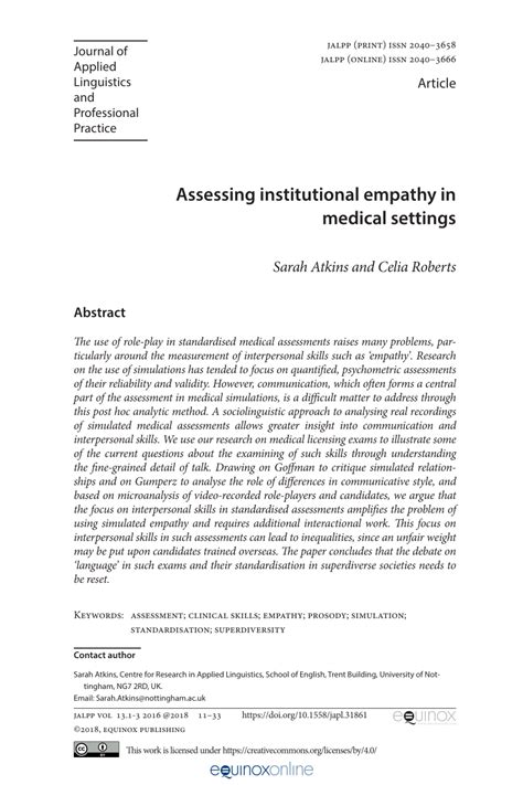Pdf Assessing Institutional Empathy In Medical Settings