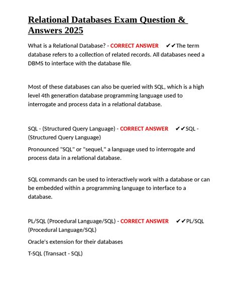 relational databases exam questions and answers exams nursing docsity