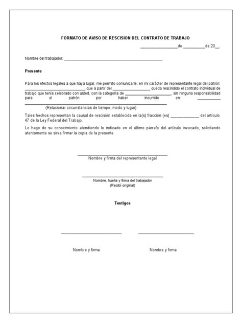 Formato De Aviso De Rescisión Laboral Pdf