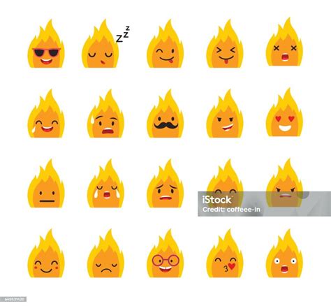 Emoticon Api Unggun Vektor Set Emoji Lucu Api Dengan Wajah Ilustrasi Stok Unduh Gambar