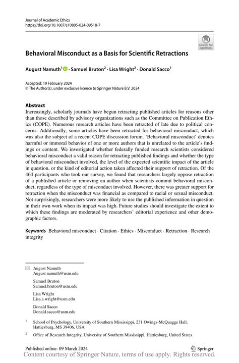 Behavioral Misconduct As A Basis For Scientific Retractions Request Pdf