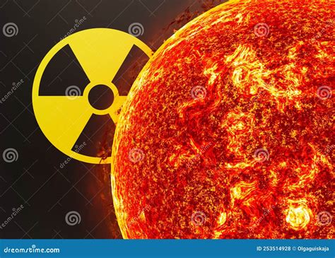 Nuclear Energy Radioactive Round Yellow Symbol And Nuclear Explosion On Black Background
