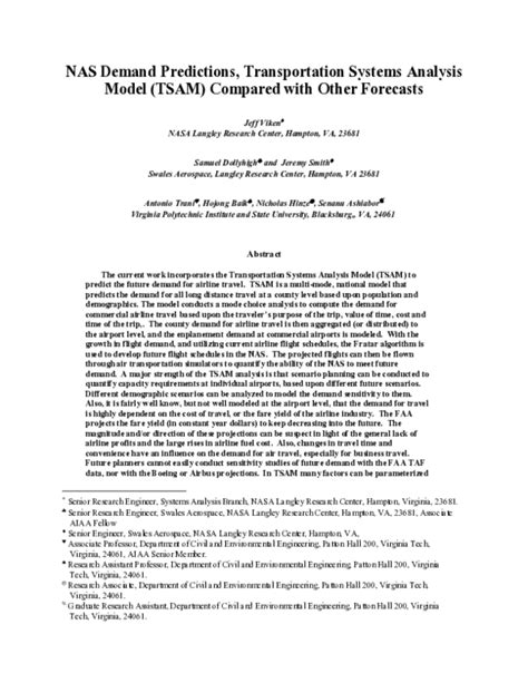Pdf Nas Demand Predictions Transportation Systems Analysis Model Tsam Compared With Other