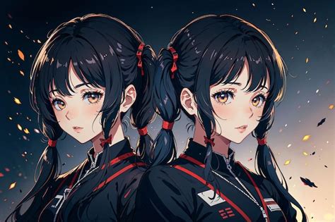 Dos Chicas De Anime Con Cabello Negro Y Lazo Rojo Foto Premium