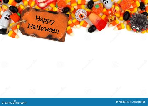 Happy Halloween Tag With Candy Top Border Over White Stock Image