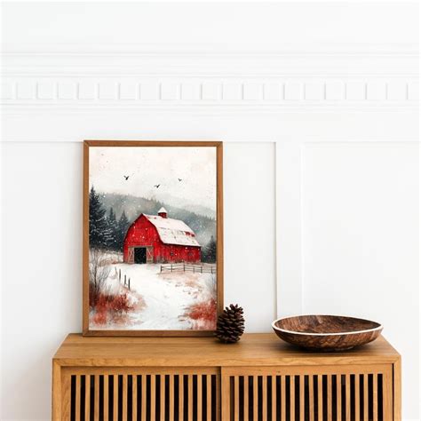 Red Barn Winter Landscape Printable Wall Art Rustic Farmhouse Decor