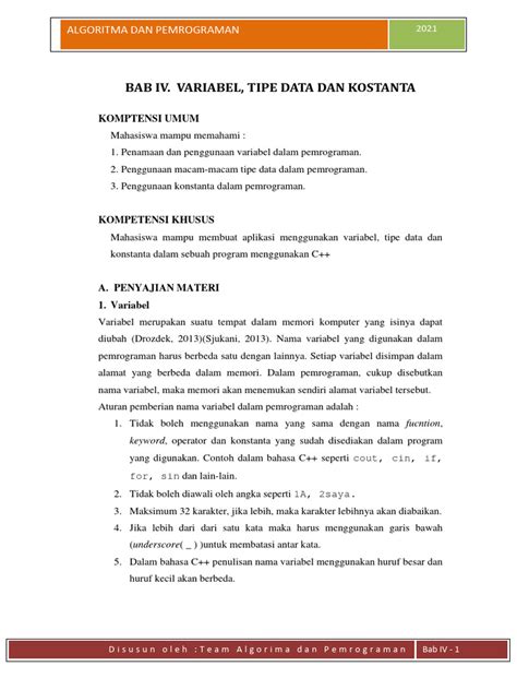 Materi 4 Variabel Type Data Dan Konstanta Pdf