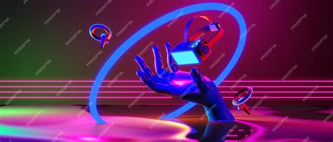 E스포츠 공상과학 게임 사이버펑크 Vr 가상 현실 시뮬레이션 및 메타버스 장면 스탠드 페데스탈 무대 3d 그림 렌더링 미래형 네온 글로우 룸의 추상 배경 비디오 게임