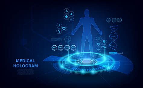 몸과 의료 홀로그램 Hud 스타일로 검사 홀로그램 인체와 건강 지표와 현대 미래 검사 의료 개념 엑스레이 건강 진단에 대한 스톡