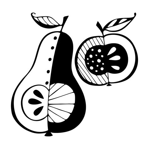 Set Apple Pear Doodle Hand Drawn Black Outline Logo Icon Silhouette One