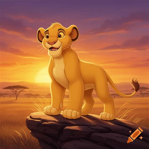 A Happy Cartoon Lion Cub Simba Stands On A Rock In An African Savanna