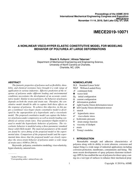 Pdf A Nonlinear Visco Hyper Elastic Constitutive Model For Modeling Behavior Of Polyurea At