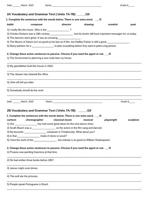 Grade 8 Vocabulary And Grammar Test Pdf Performing Arts
