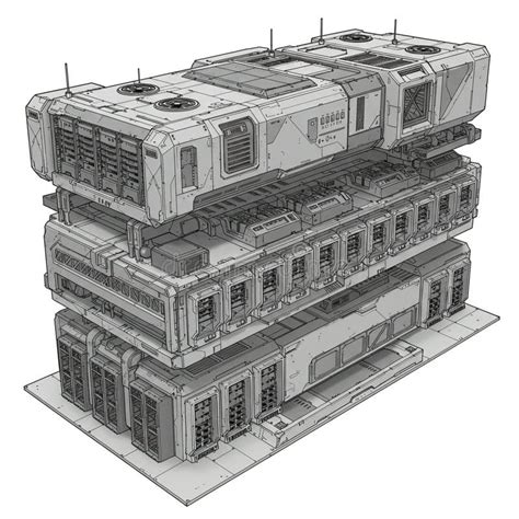 A Futuristic Industrial Building Sketch Featuring Stacked Modular