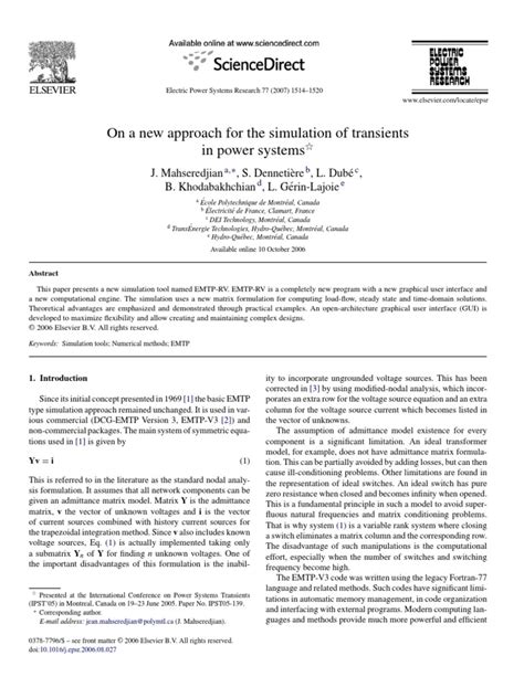 On A New Approach For The Simulation Of Transients In Power Systems Mahseredjian2007 Pdf