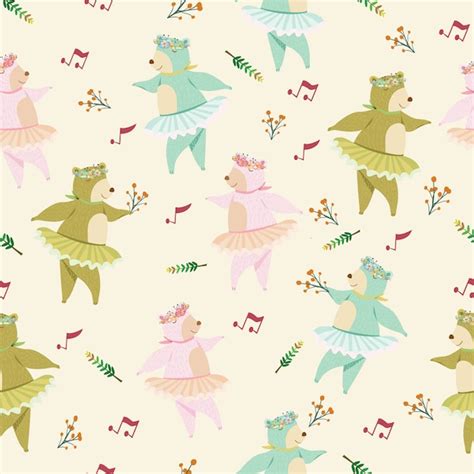 Cute Bear Dancing Cartoon Seamless Pattern Premium Vector