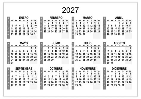 Calendario 2027 Para Imprimir En Pdf Y Word