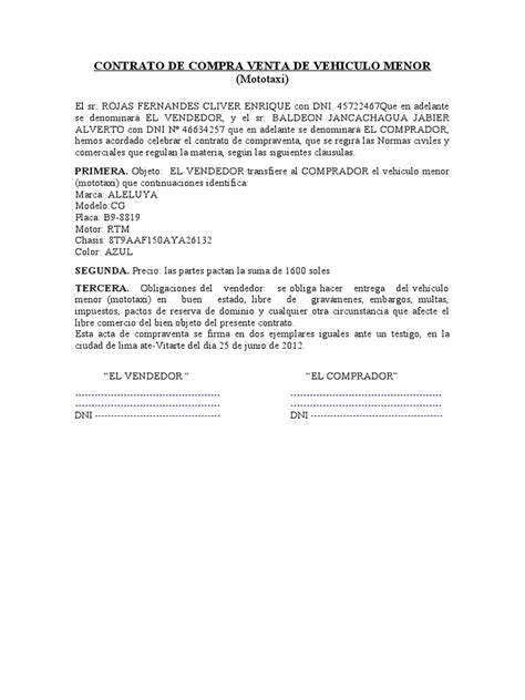Contrato De Compra Venta De Vehiculo Menor Pdf