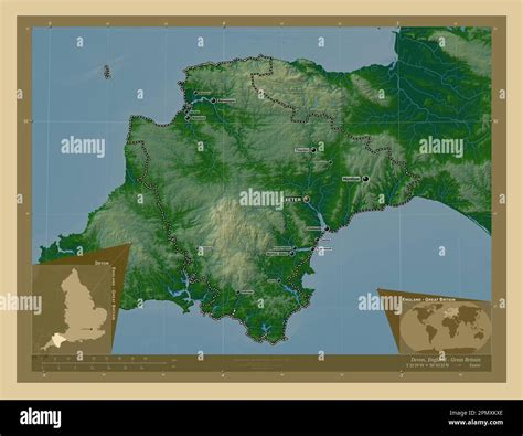 Devon Administrative County Of England Great Britain Colored Elevation Map With Lakes And