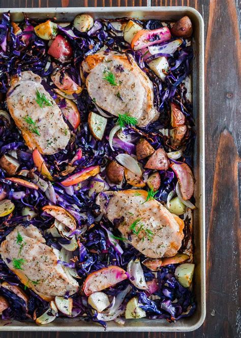 Easy Sheet Pan Pork Chops Recipe With Cabbage Apples And Potatoes