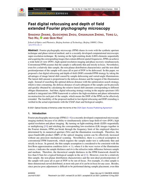 Pdf Fast Digital Refocusing And Depth Of Fieldextended Fourier Ptychography Microscopy