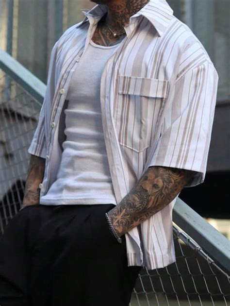Mens Striped Short Sleeve Collared Pocket Casual Shirt Fashionable
