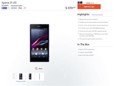 Sony Xperia Z1 Lte Now Available Unlocked In The United States Softpedia