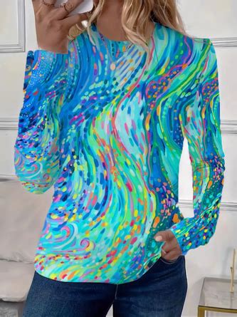 Women Abstract Long Sleeve Tee T Shirt Crew Neck Printing Casual Spring